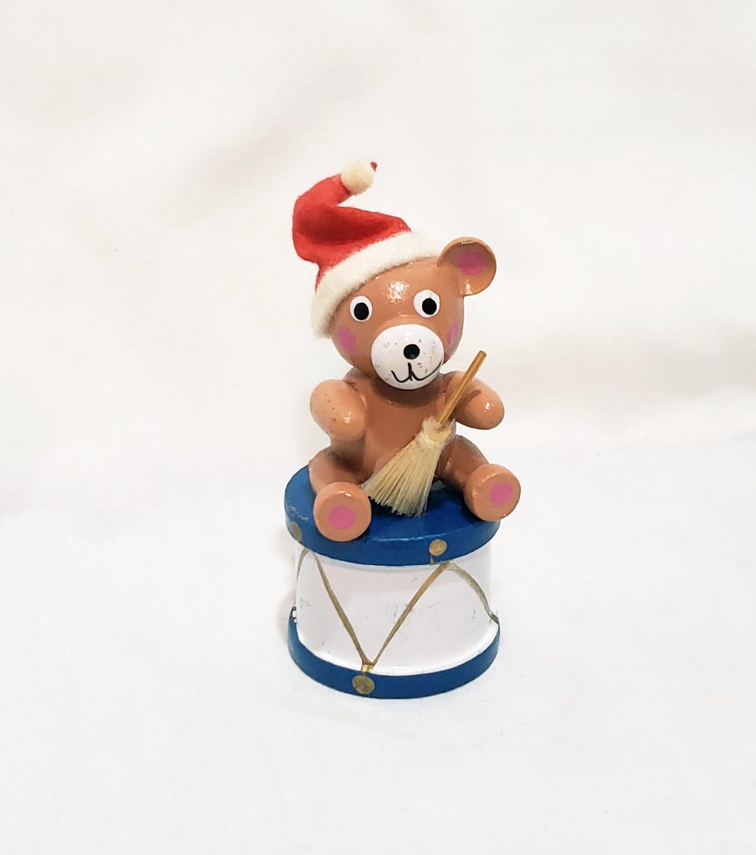 Teddy Bear on Drum Broom Wood Christmas Figurine Vintage Holiday White ...
