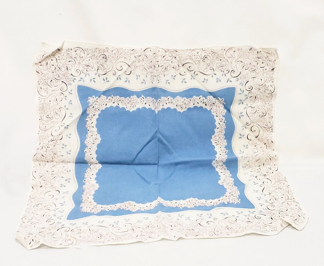Vintage Handkerchief Flowers Blue White Brown 11" Solid Color Center ...