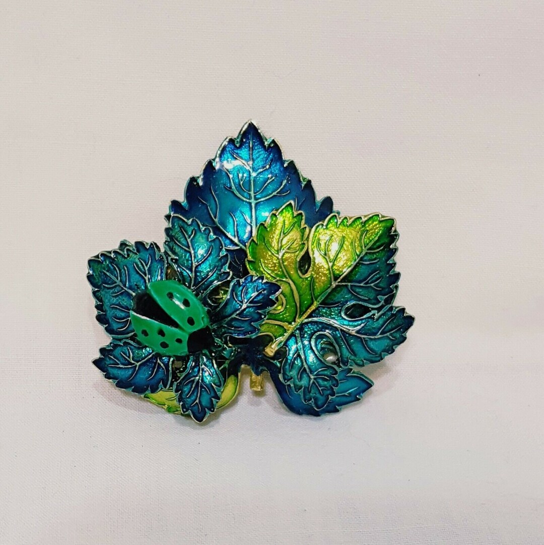 Vintage Leaf Ladybug Green Enamel Metal Brooch Pin Made in Germany 1.5 ...