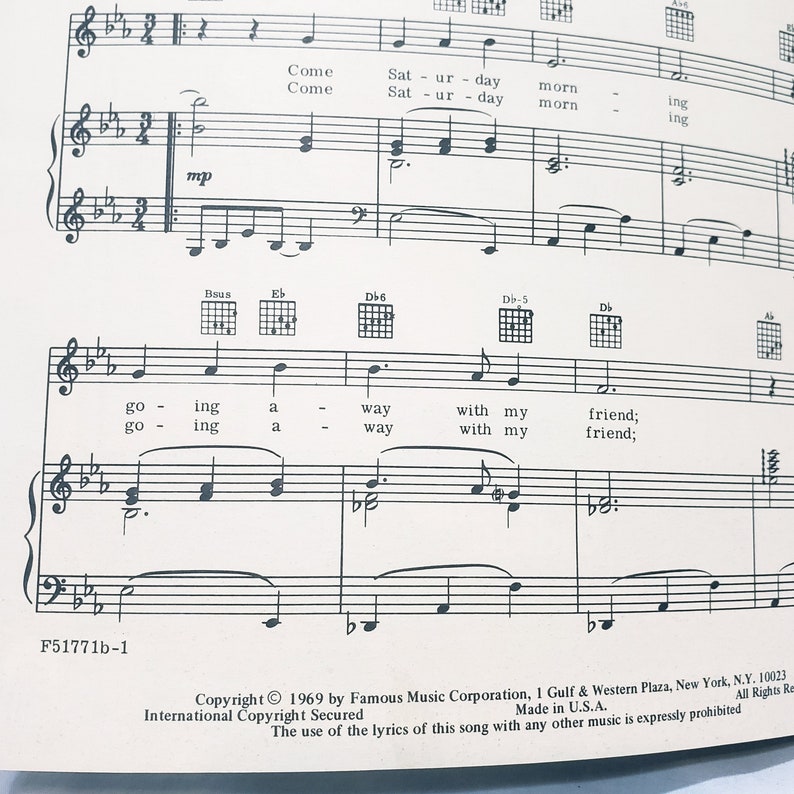 Come Saturday Morning Piano Sheet Music Dory Previn Fred Karlin 1969 - Etsy