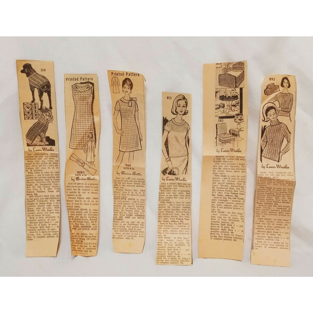 Lot 6 Newspaper Clippings Sewing Pattern Ads 1960s Laura Wheeler Marian ...