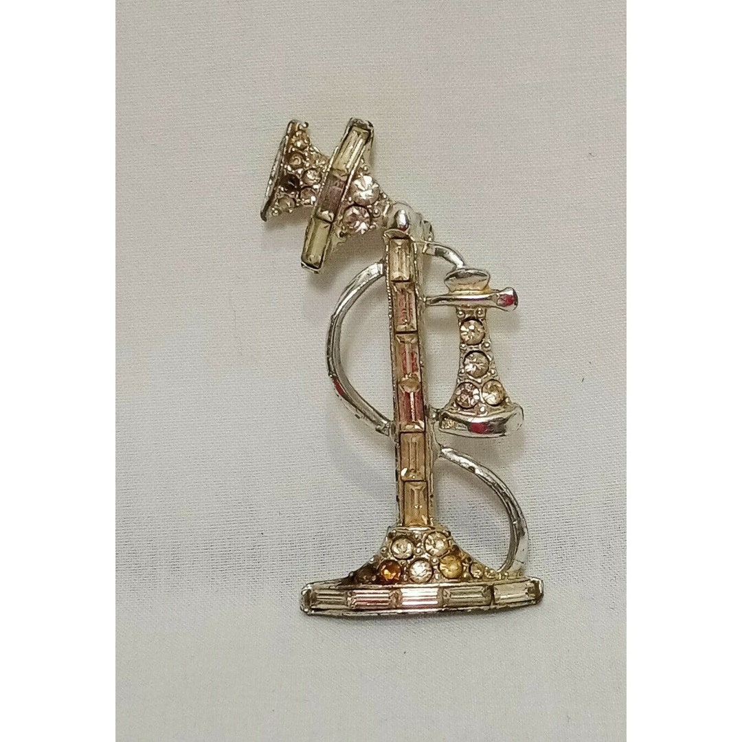 Vintage Candlestick Telephone Metal Brooch Pin Rhinestone 2" Costume ...