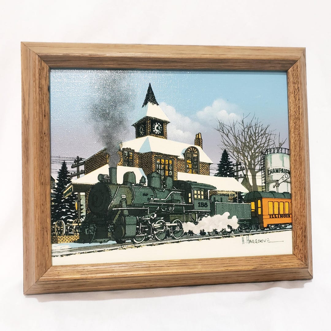 Hargrove Oil Painting Steam Train at Champaign Train Station Illinois ...