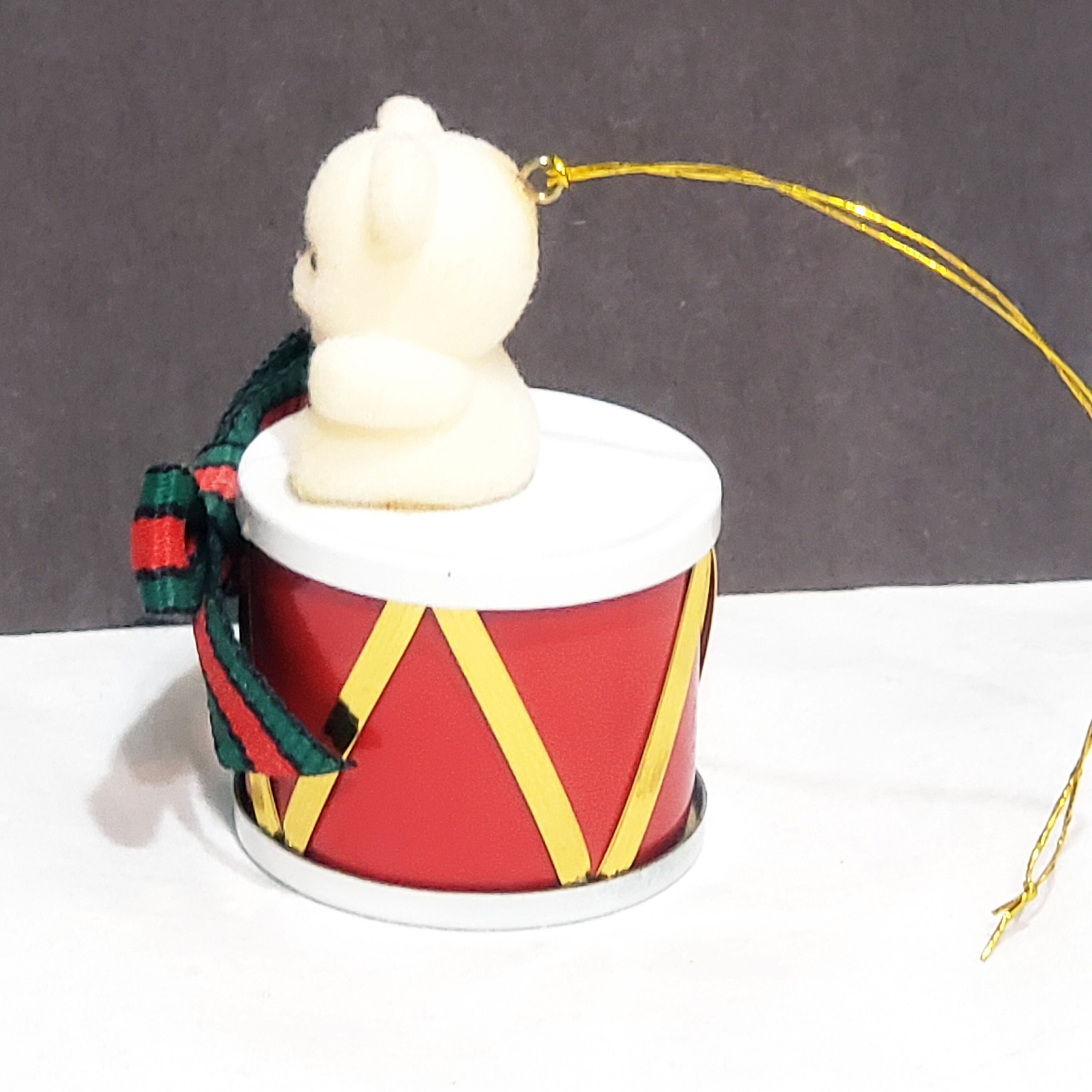 Fuzzy Teddy Bear Sitting on Drum Christmas Ornament 2 White Red Green ...
