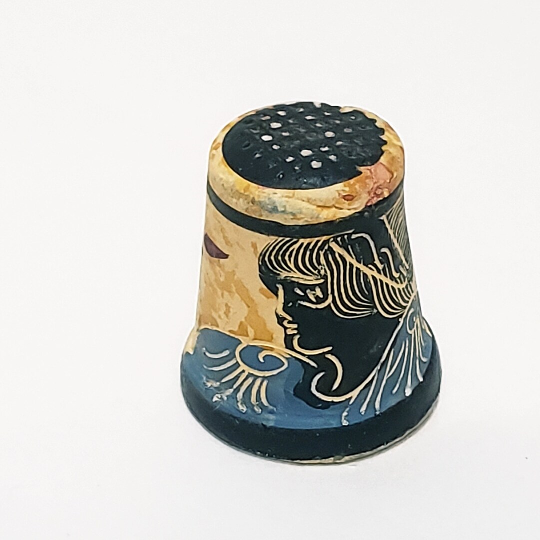 Greek Goddess Lady Leaves Thimble Ceramic Vintage 1 Black Tan Blue ...