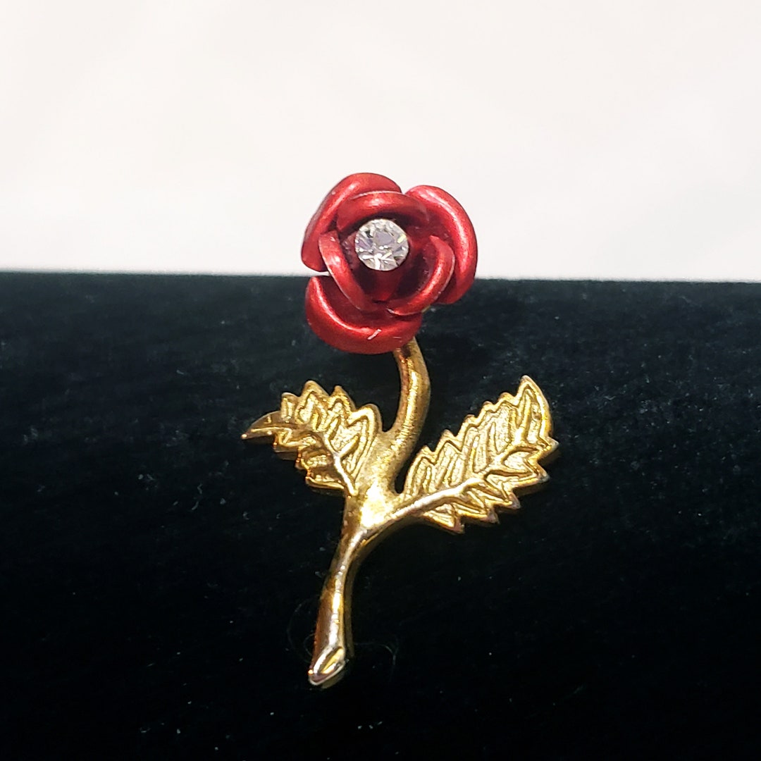 Red Rose Stem White Rhinestone Center Lapel Pin Brooch Gold Tone 1 ...