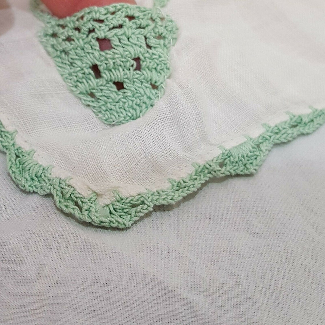 Vintage Handkerchief Crochet Basket Edge 10 White Green - Etsy