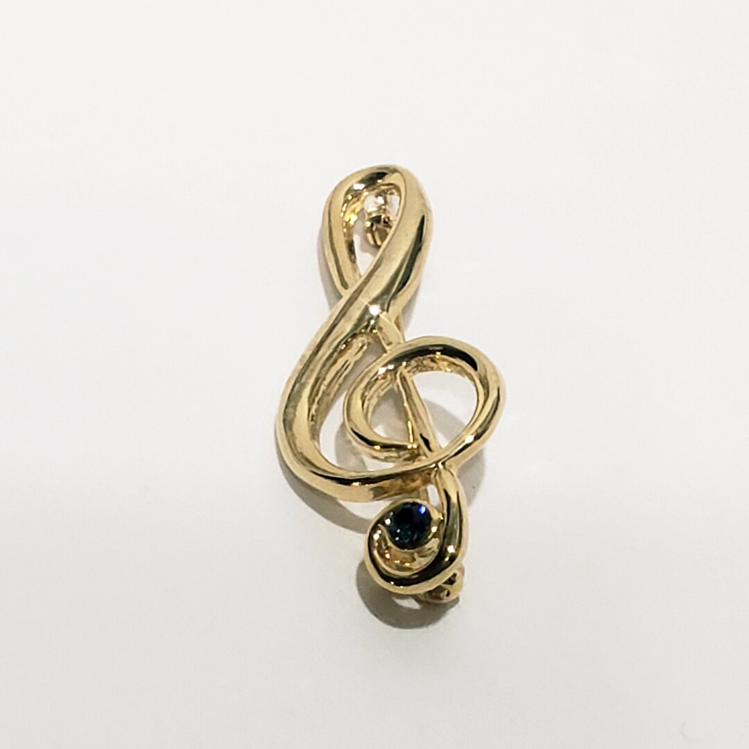 Treble Clef Music Blue Rhinestone Lapel Pin Brooch Gold Tone 1 3/4 ...