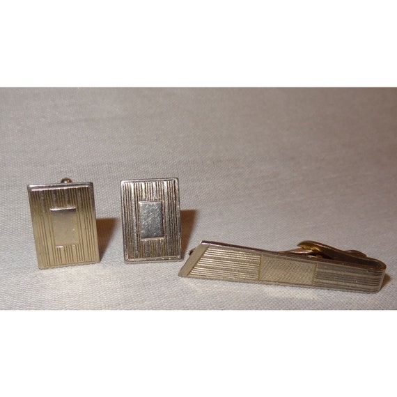 Vintage Cufflink Tie Clip Set Metal Rectangle Horizontal Lines - Etsy