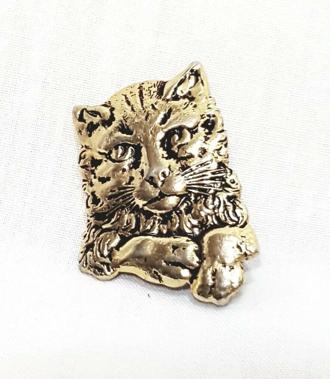 Vintage Cat Head Etched Metal Brooch Pin Gold Tone 1 - Etsy