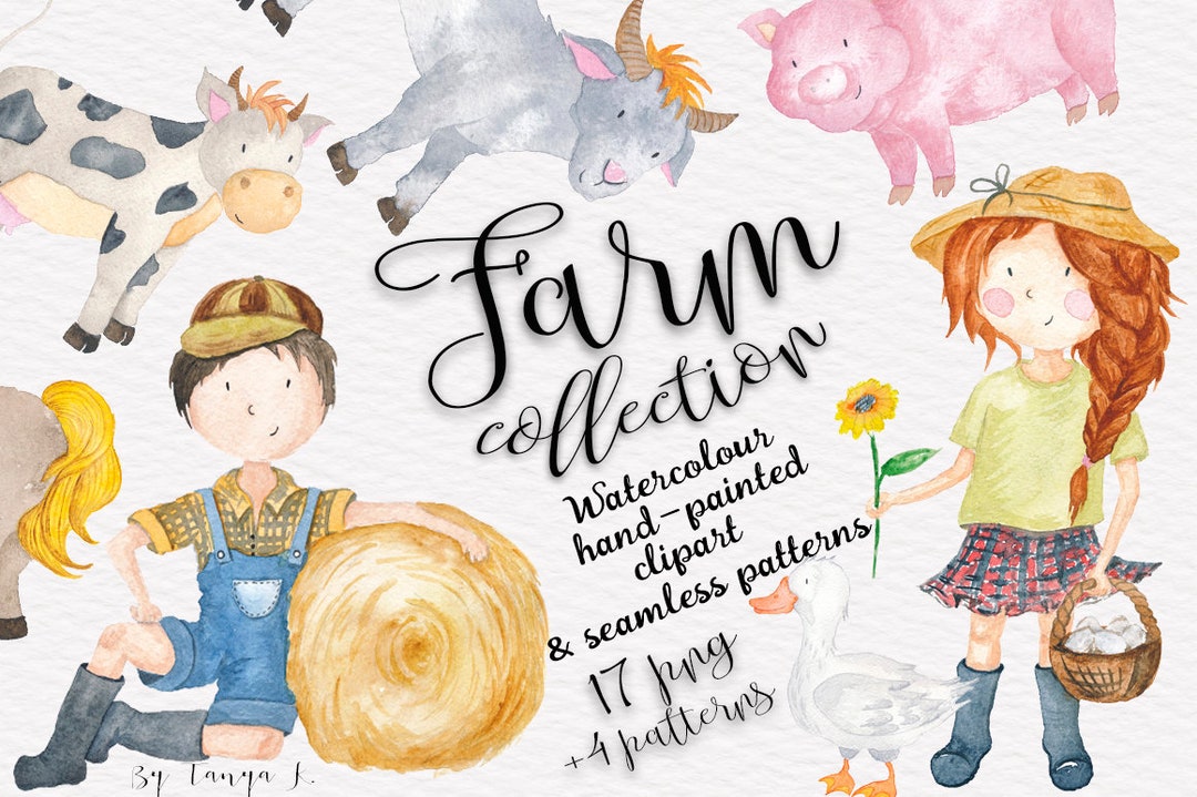Farm Animals Clipart Bundle - Watercolor Kids Clipart, Farm Boy and ...