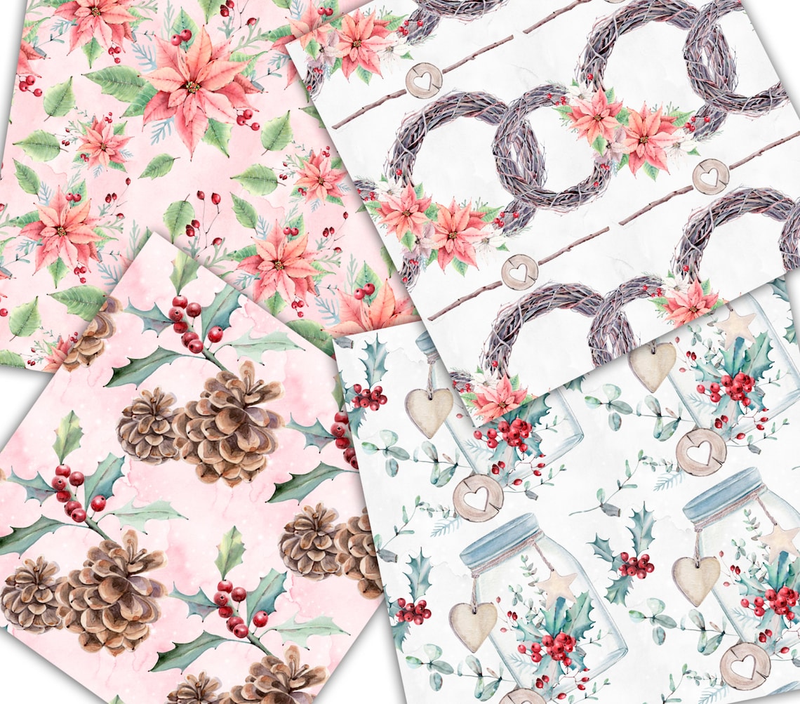 Pink Christmas Paper, Floral Digital Paper, Scrapbook Paper, Holidays ...