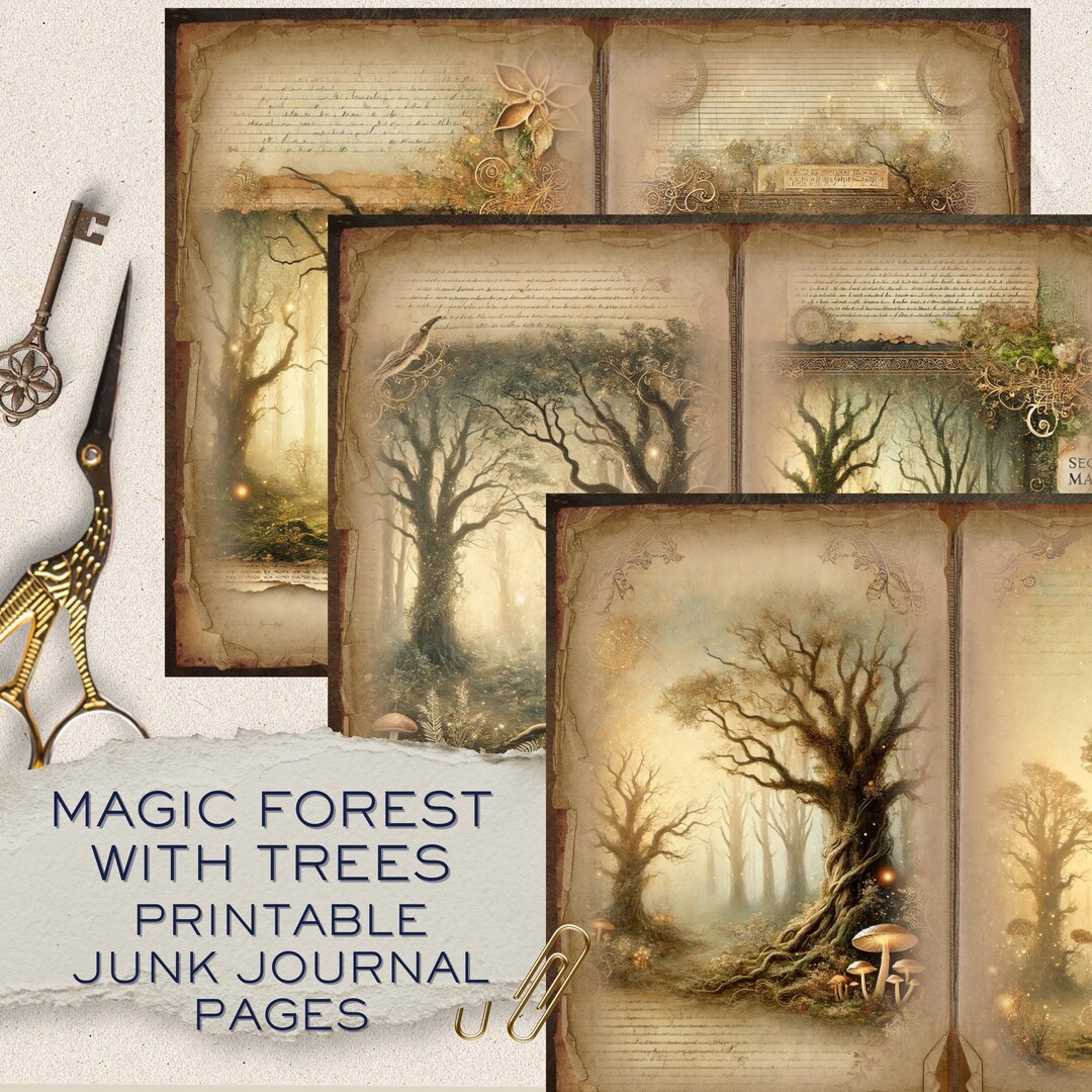 Magic Forest With Trees Junk Journal Pages, Printable Watercolor ...
