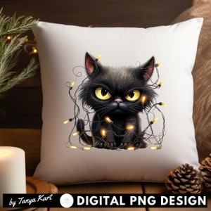 Grumpy Cat With Christmas Lights, Black Cat Sublimation Design, Digital ...