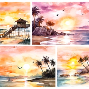 Watercolor Beach Sunsets Digital Paper Pack for Commercial Use, Beach ...