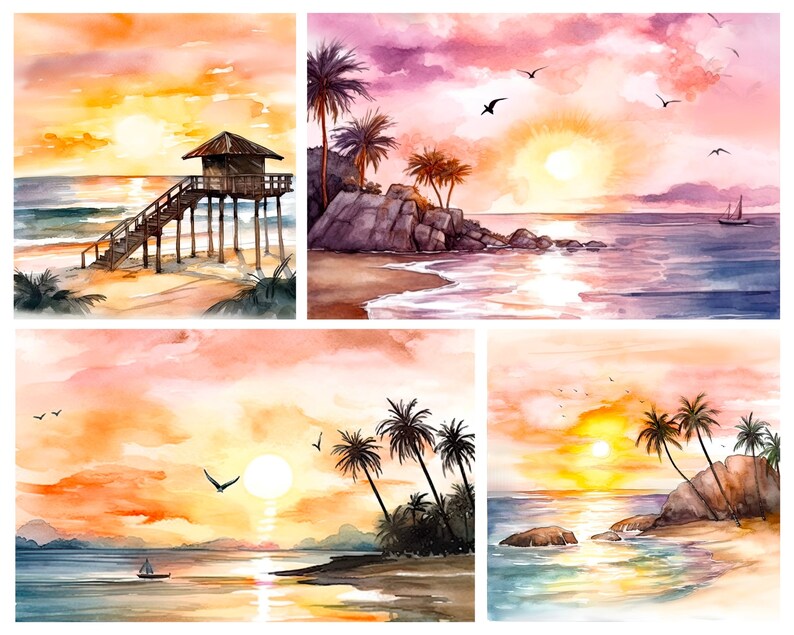 Watercolor Beach Sunsets Digital Paper Pack for Commercial Use, Beach ...
