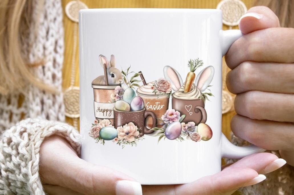 Happy Easter Coffee Cups Png Sublimation Designs, Rabbit Illustration ...