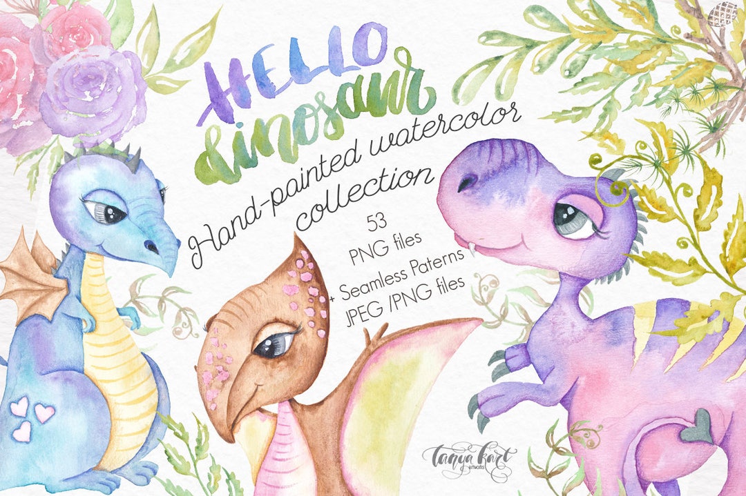 Watercolor Baby Dinosaur Clipart Pack, Cute Pink Dino Clipart Bundle ...