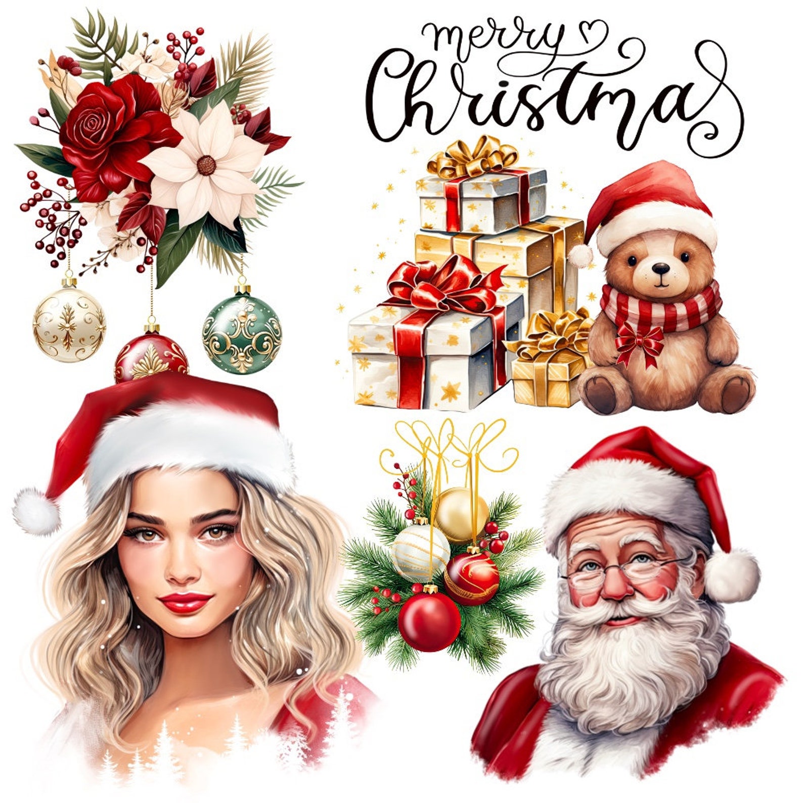 Classic Christmas Clipart, Retro Red Green Winter Illustrations ...