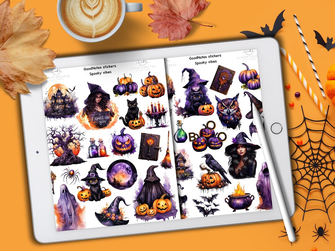Halloween Digital Sticker Pack, Witchy Girls, Scary Icons, Autumn ...