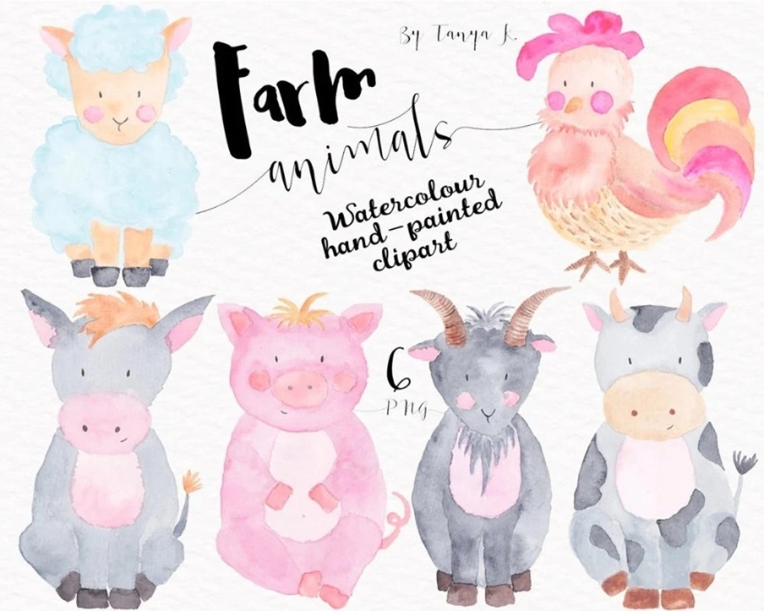 Cute Farm Animals Watercolor Clipart Set Cow Rooster Lamb - Etsy