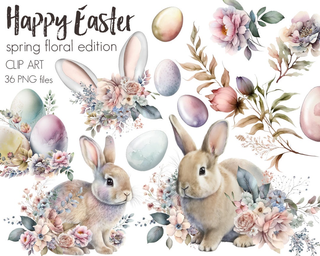 Easter Pastel Clipart Bundle, Floral Watercolor Designs, Easter Bunny ...