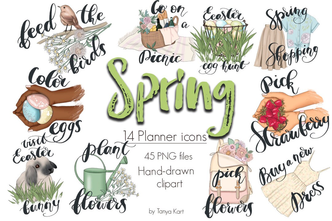 Spring Easter Bucket List Stickers Clipart, Planner Png Icons, Spring ...