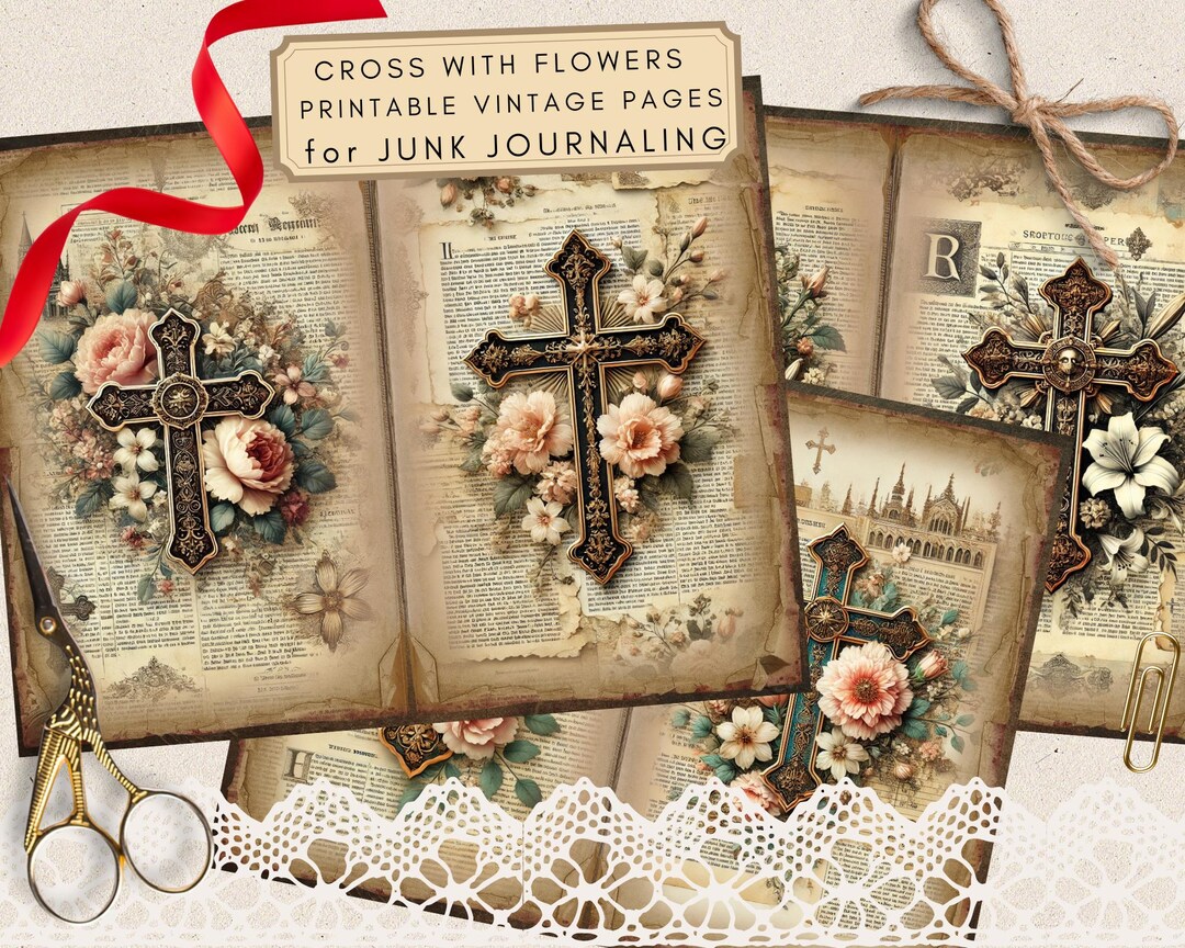 Floral Cross Junk Journal Pages: Watercolor Scrapbook Paper (digital ...