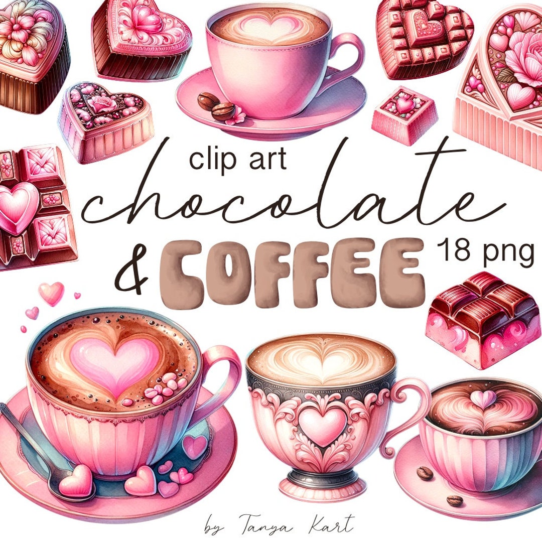 Coffee Cups Clipart Set With Pink Chocolate for Planner Stickers, Pink ...