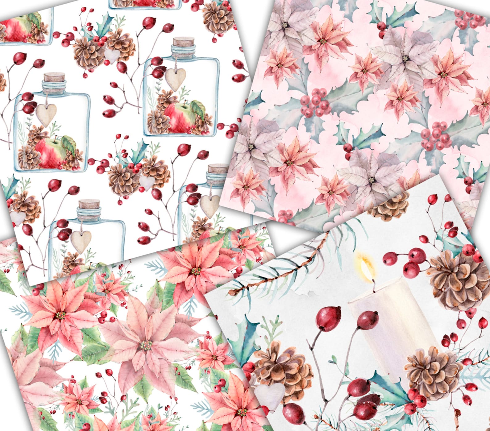 Pink Christmas Paper, Floral Digital Paper, Scrapbook Paper, Holidays ...