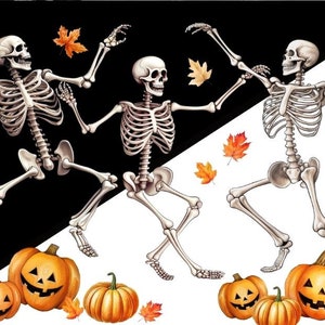 Skeleton Graphic PNG: Dancing Autumn Skeletons, Orange Lantern, Graphic ...