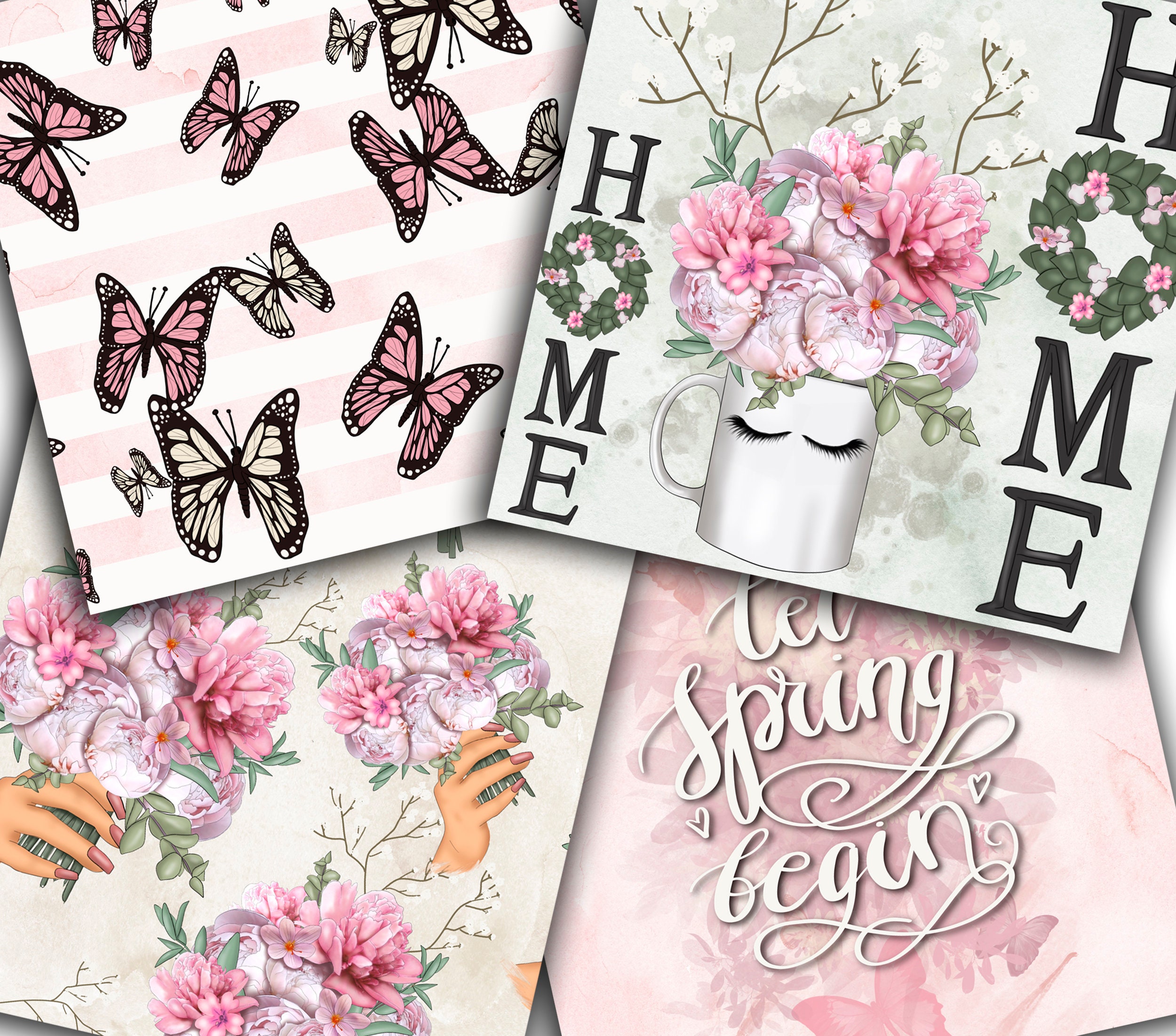Spring Digital Paper, Floral Background, Flower Digital Paper, Pink ...