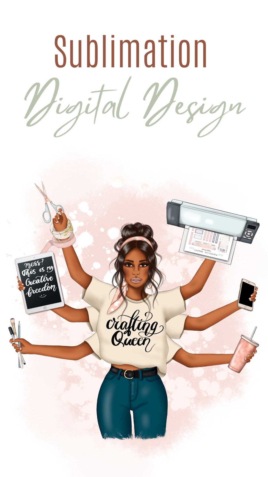 Crafting Queen Png Afro Sublimation, Dark Skin, Craft Png, Craft Woman ...