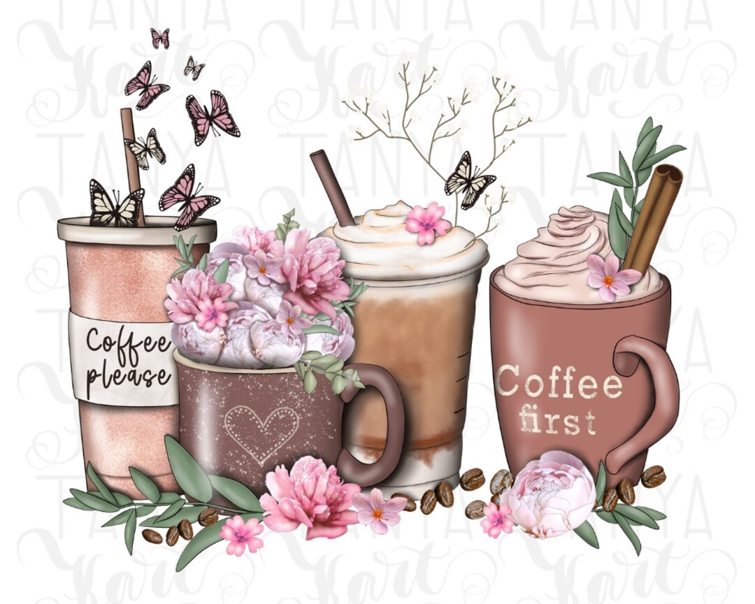 Brown Coffee Cups Png Digital Download, Coffee and Flowers, Butterfly ...