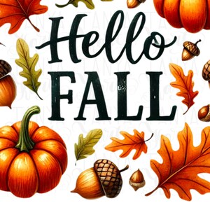Hello Fall PNG, Cute Pumpkin and Leaves Digital Print, Pumpkin Season ...
