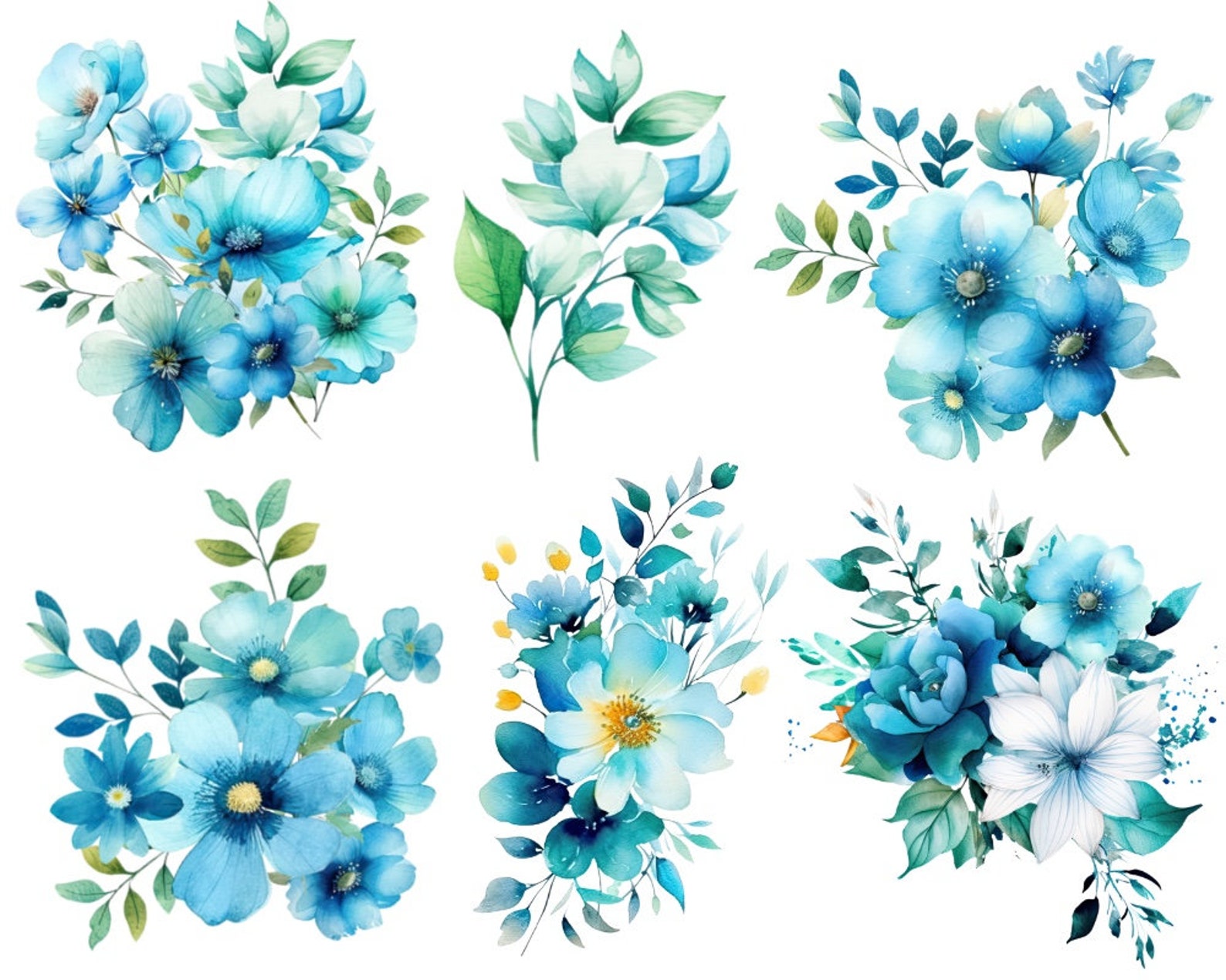 Watercolor Blue Turquoise Flowers Clip Art, Floral Png Instant Download ...