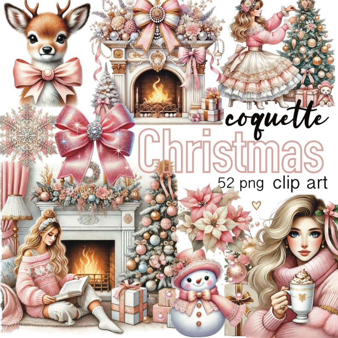 Coquette Christmas Clipart Bundle, Pink Bows, Pastel Retro Designs ...