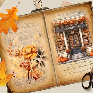 Vintage Autumn Bookstore Junk Journal Kit - Fall Leaves, Flowers ...