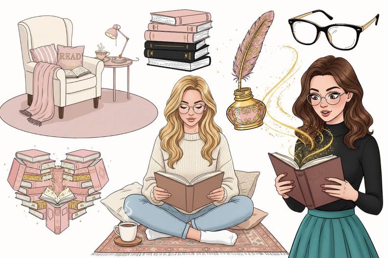 Book Lover PNG Clipart | Cozy Reading Girl Graphics | Bibliophile ...