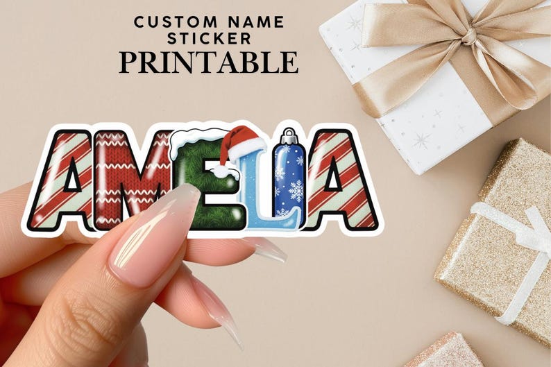 Custom Christmas Name Printable Sticker, Personalized Christmas Present ...