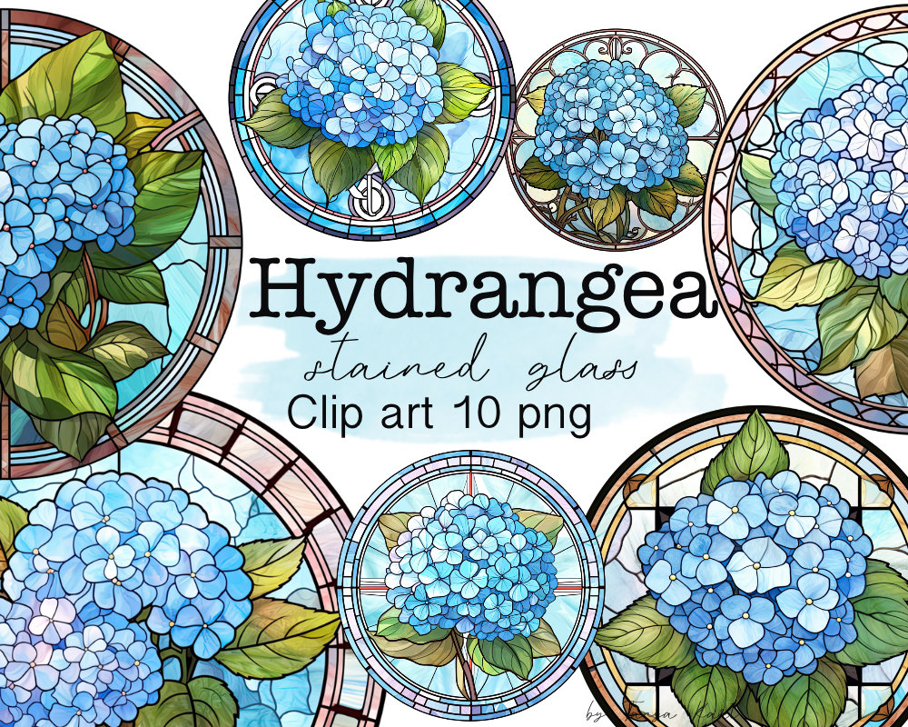 Blue Hydrangea Stained Glass Clipart: Floral PNG Bundle (digital ...