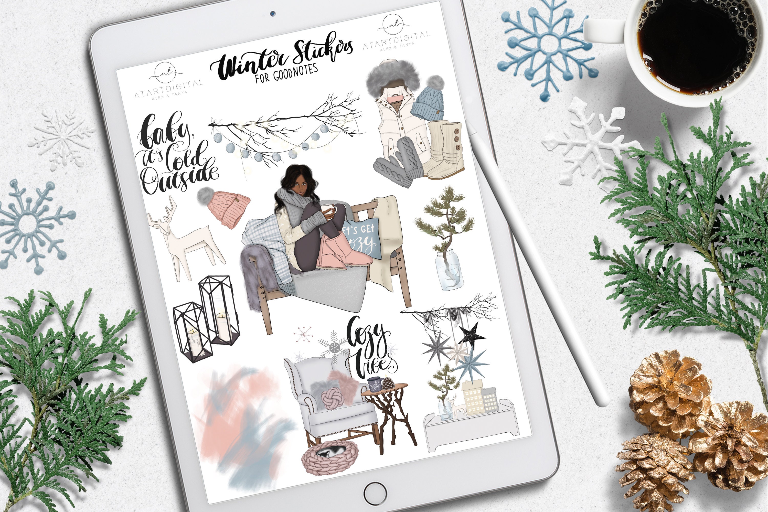 Winter Goodnotes Digital Stickers, Christmas Goodnotes Planner, Afro ...