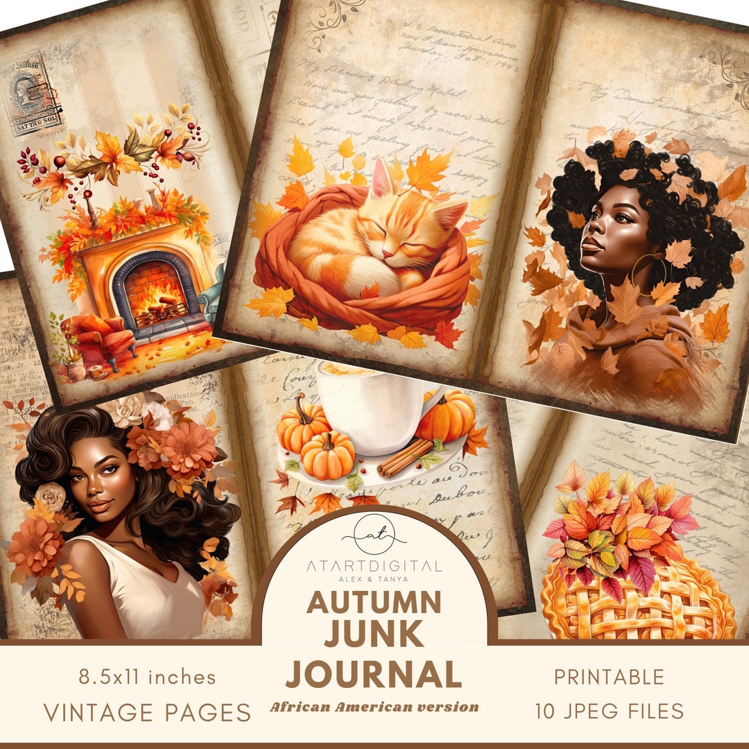 Autumn Junk Journal Kit, Fall Black Women Printable Download, Fireplace ...