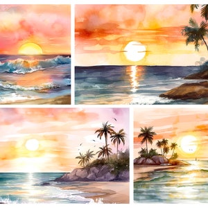 Watercolor Beach Sunsets Digital Paper Pack for Commercial Use, Beach ...