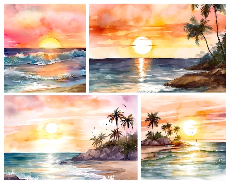 Watercolor Beach Sunsets Digital Paper Pack for Commercial Use, Beach ...
