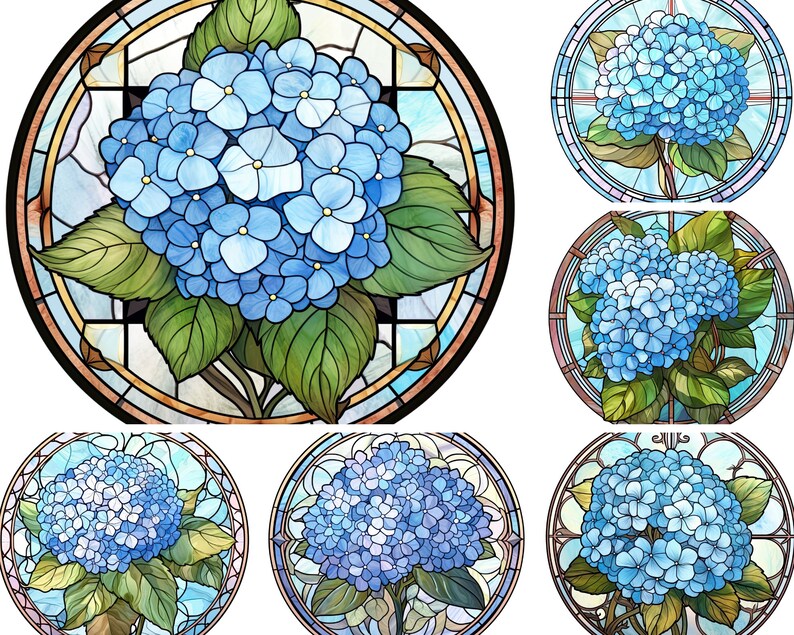Blue Hydrangea Stained Glass Clipart: Floral PNG Bundle (digital ...