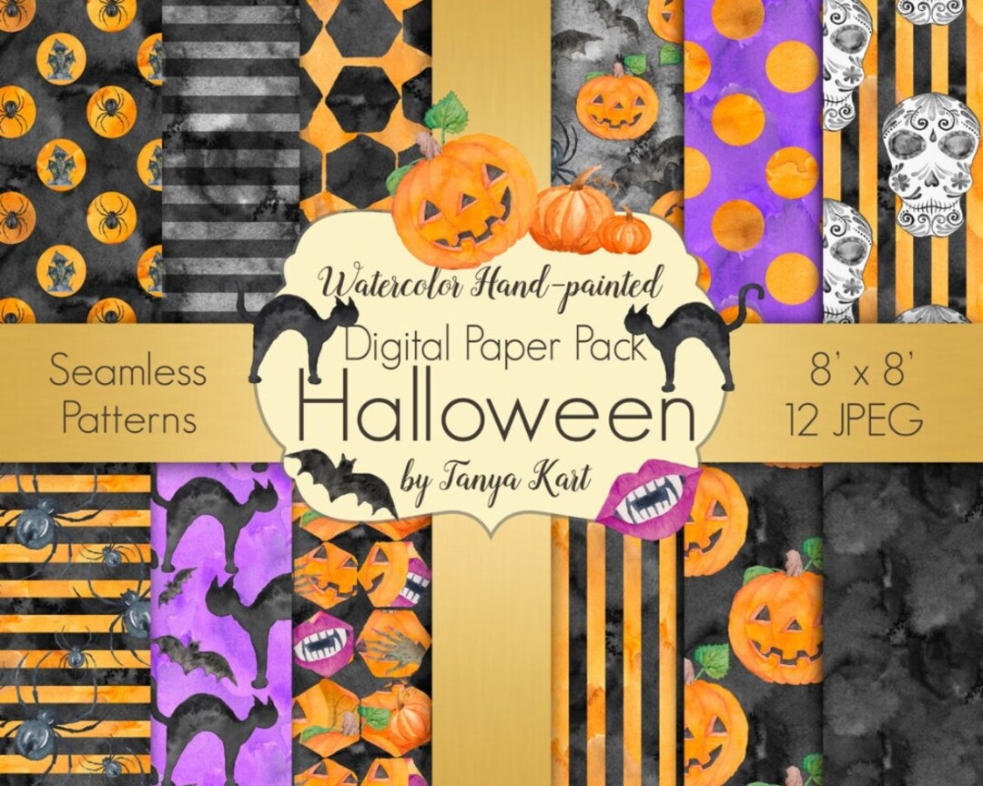Halloween Paper, Seamless Patterns, Autumn Digital Paper, Watercolor ...