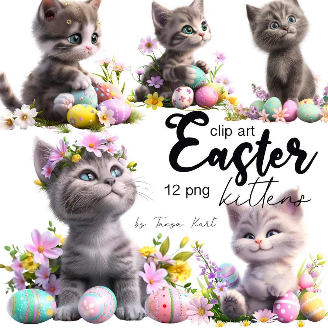 Easter Cat Clip Art PNG With Watercolor Flowers & Easter Eggs, Pet ...