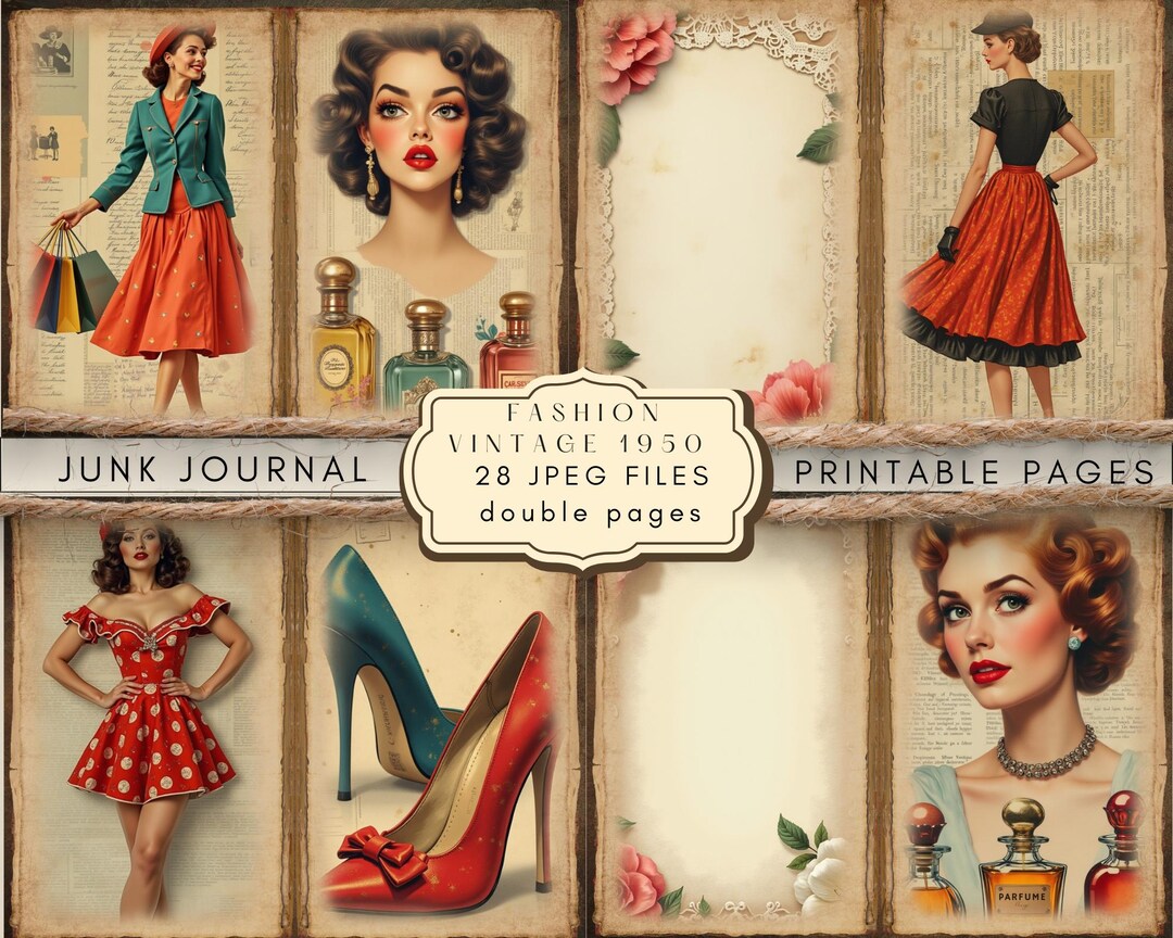 1950s Fashion Junk Journal Pages, Retro Vogue Scrapbook Paper & Vintage ...
