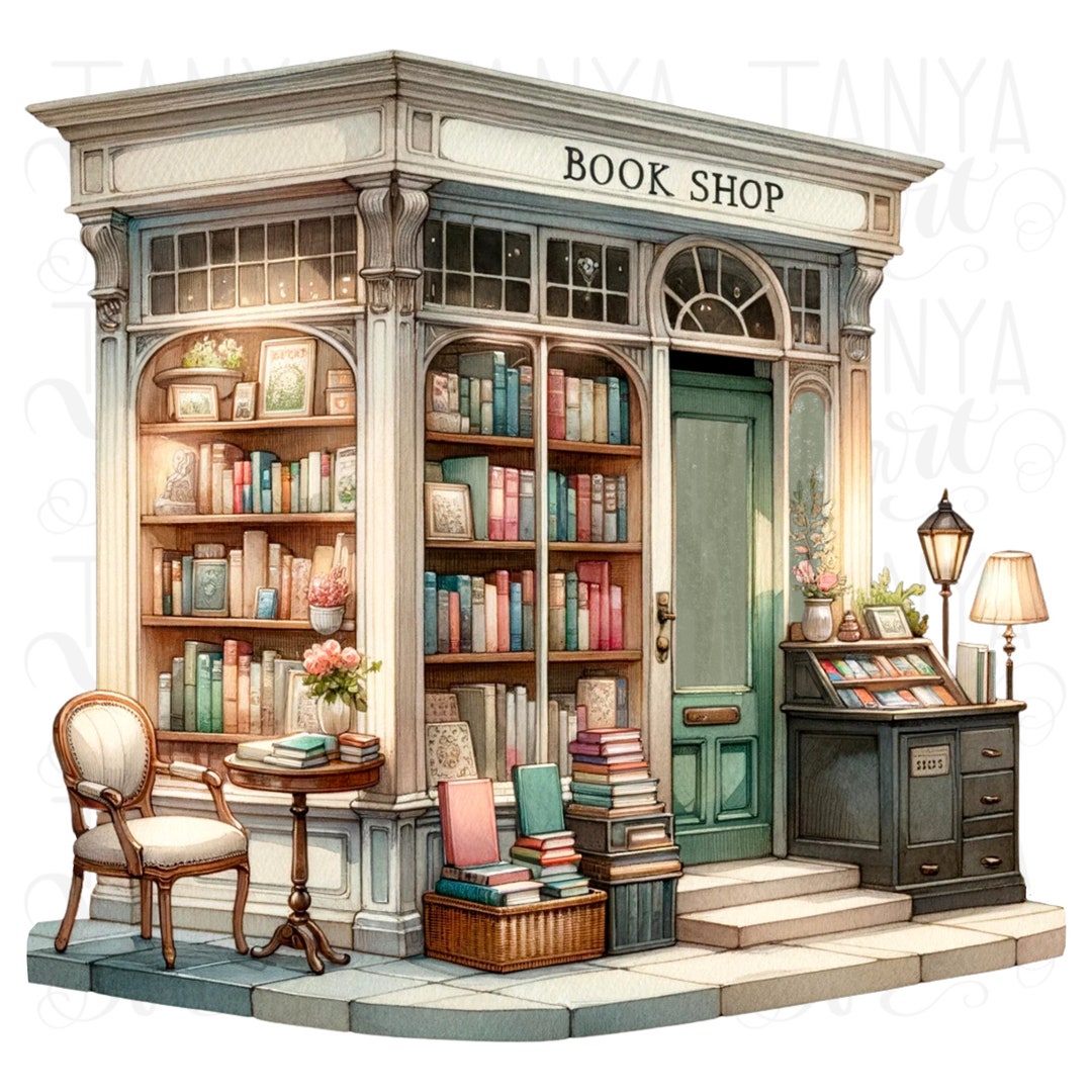 Watercolor Bookstore Illustration: Cottagecore Book Shop (PNG Digital ...